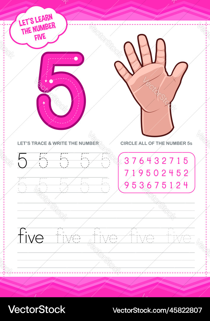Preschool learning number five worksheet Vector Image