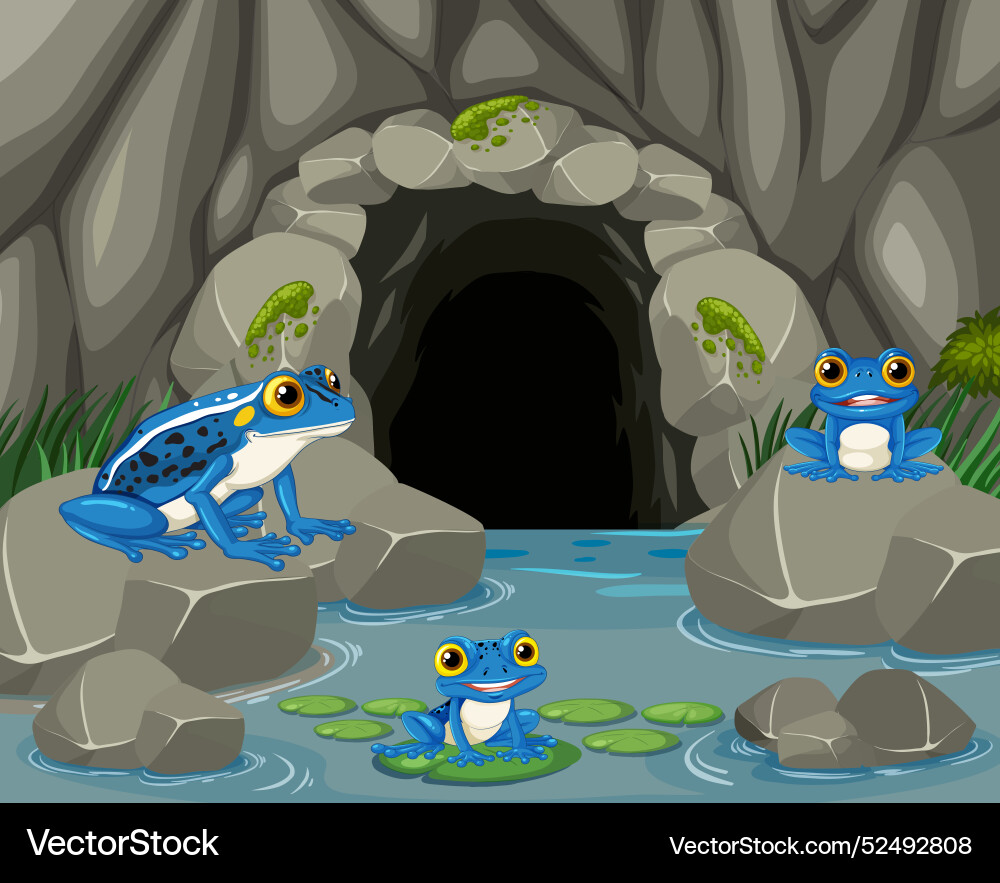 Three blue frogs near a cave entrance Royalty Free Vector