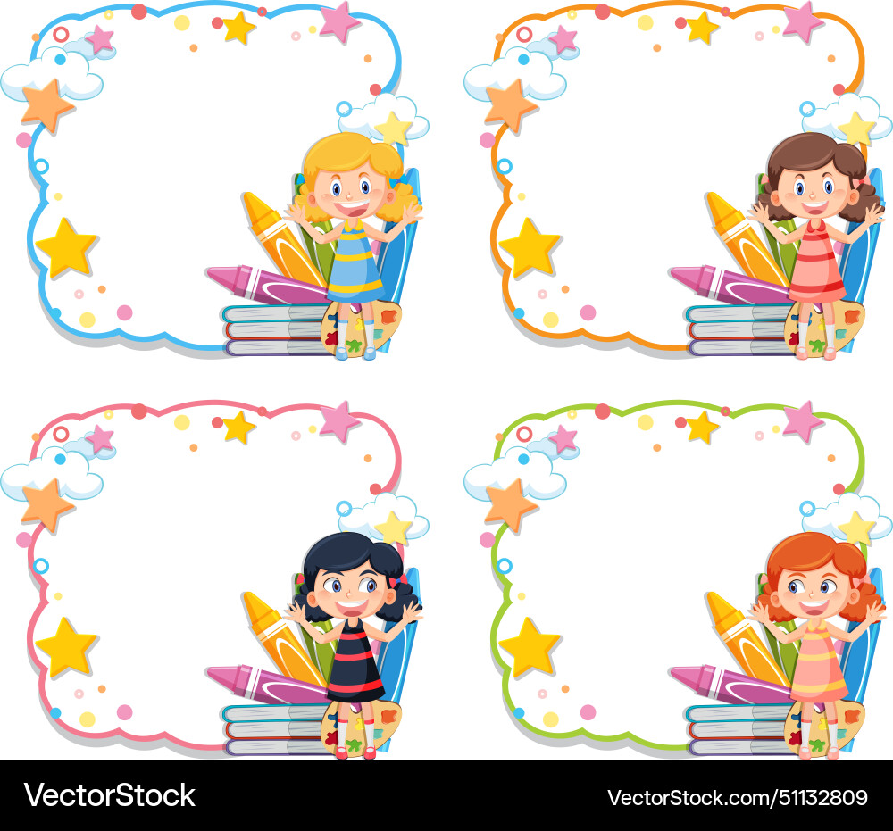 Four frames featuring children reading with stars Vector Image