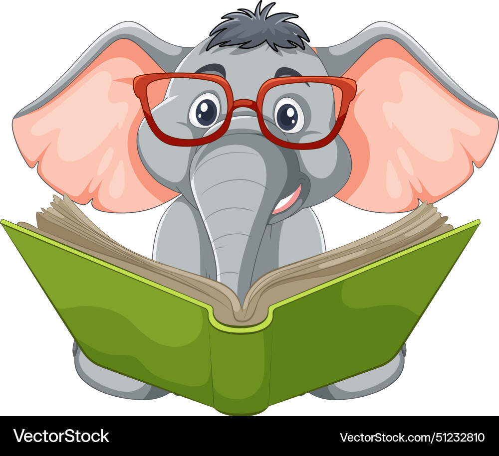 Cartoon elephant wearing glasses reading a book Vector Image