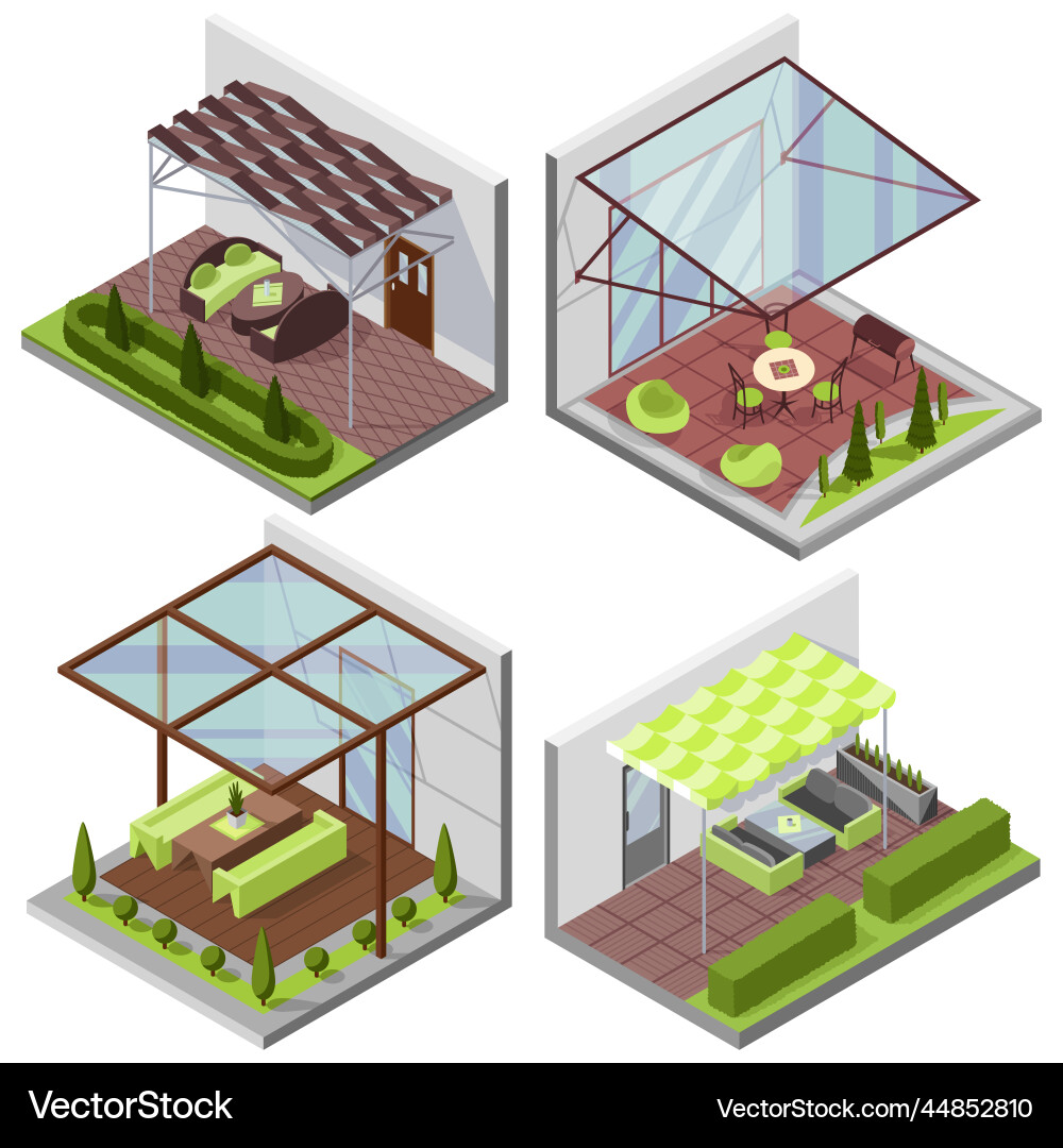 Set of inner courtyard isometric compositions Vector Image