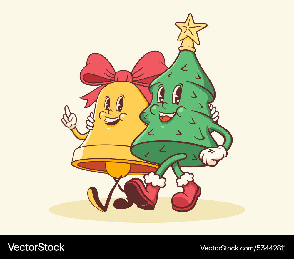 Groovy christmas tree and bell retro characters Vector Image