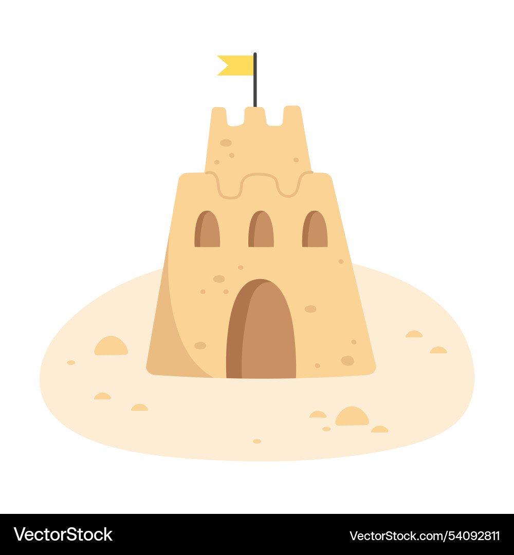 Sandcastle with yellow flag on the beach Vector Image