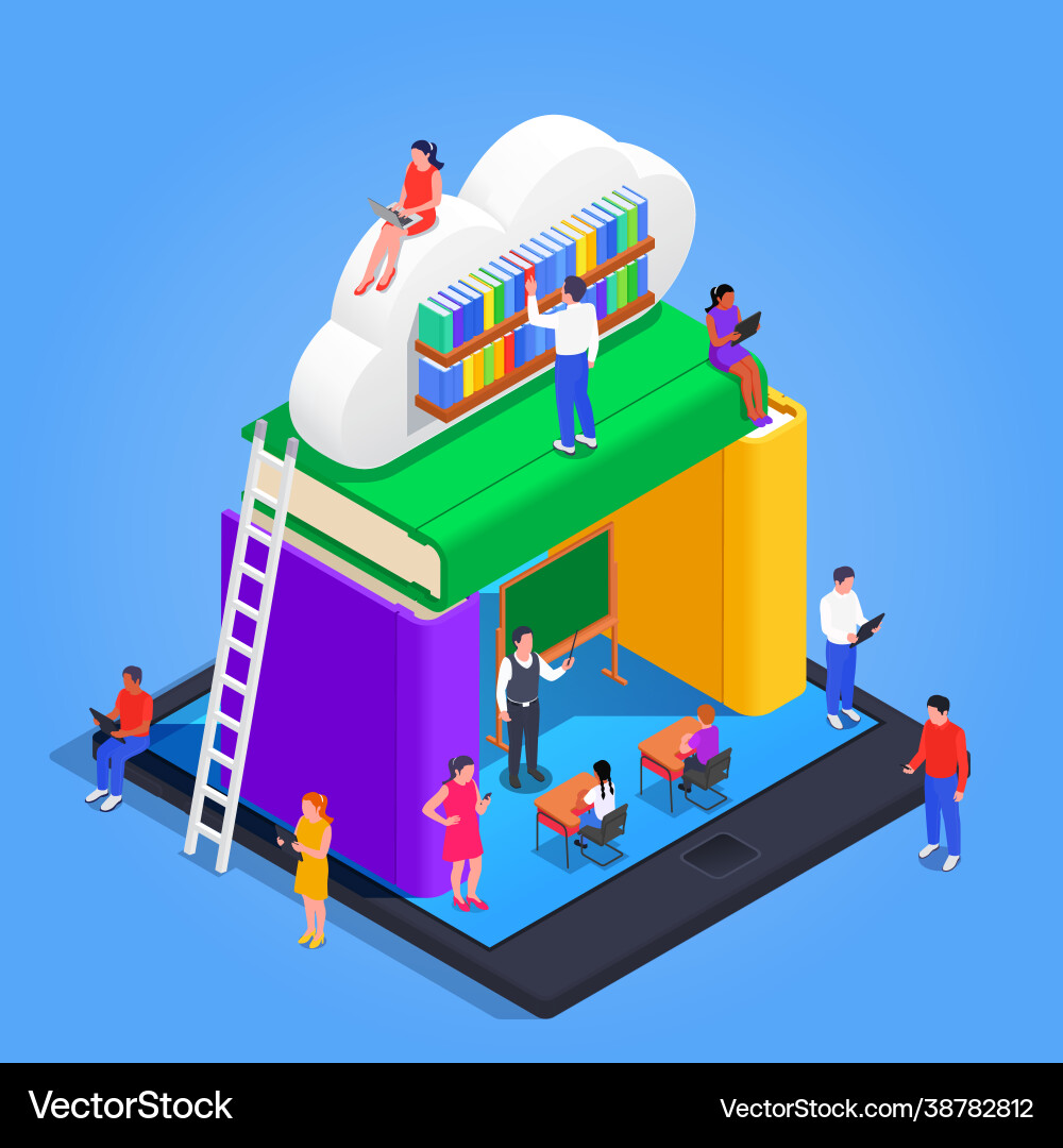 Digital online library colored isometric concept Vector Image