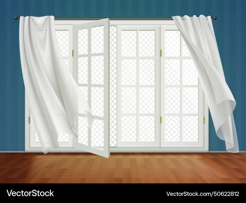 Open window curtains composition Royalty Free Vector Image
