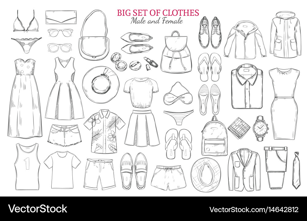 Sketch monochrome clothes icons set Royalty Free Vector
