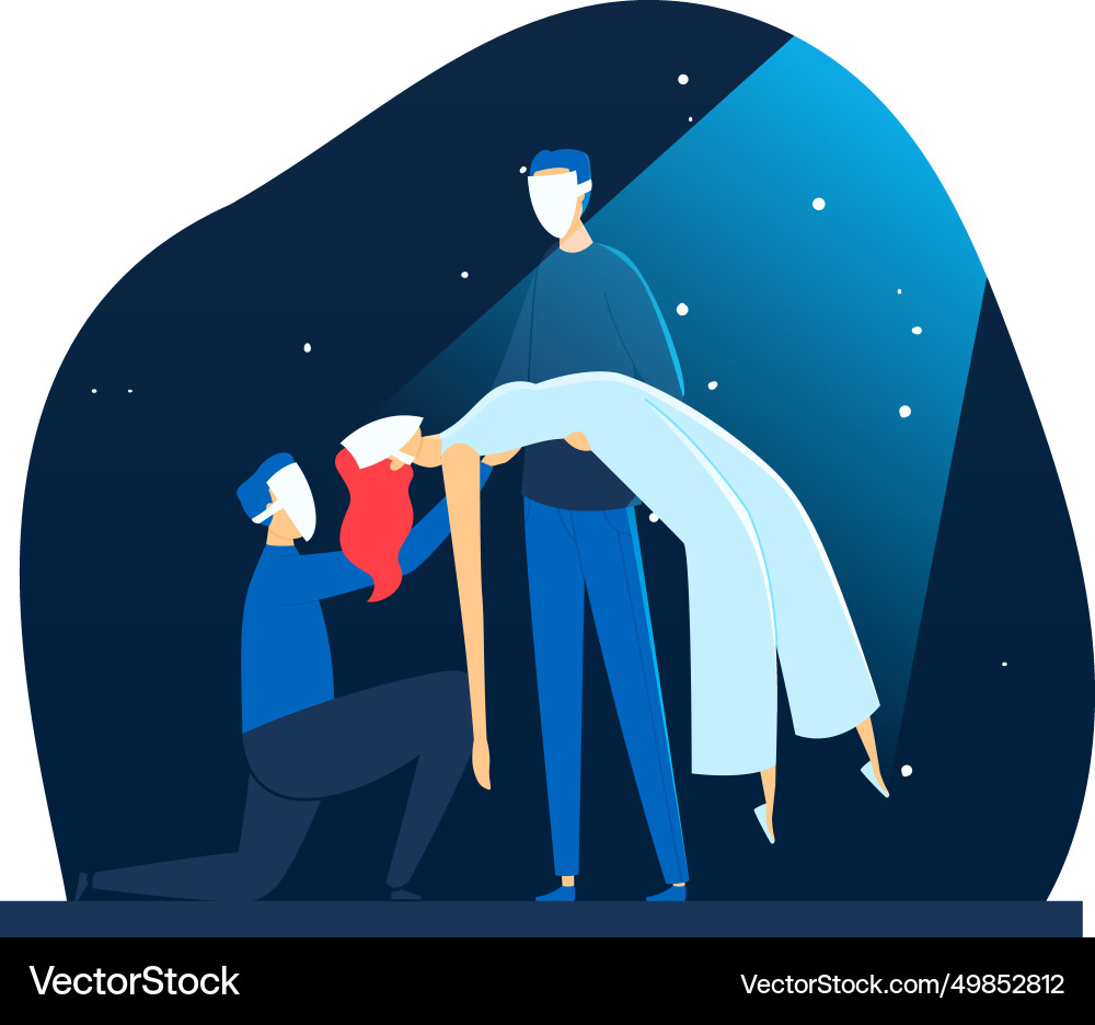 Two doctors in face masks carry a patient Vector Image
