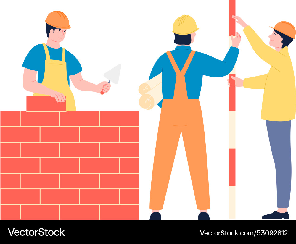 Workers build brick wall industrial masonry Vector Image
