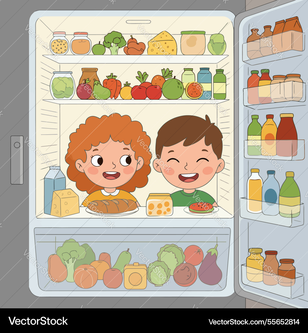 Kinder die in vollen Kühlschrank mit Früchten suchen