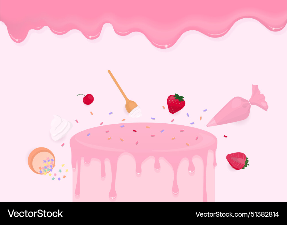 Pink liquid and strawberry cake background Vector Image