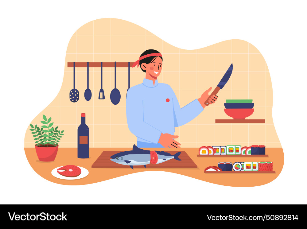 Sushimaster with knife and rolls Royalty Free Vector Image