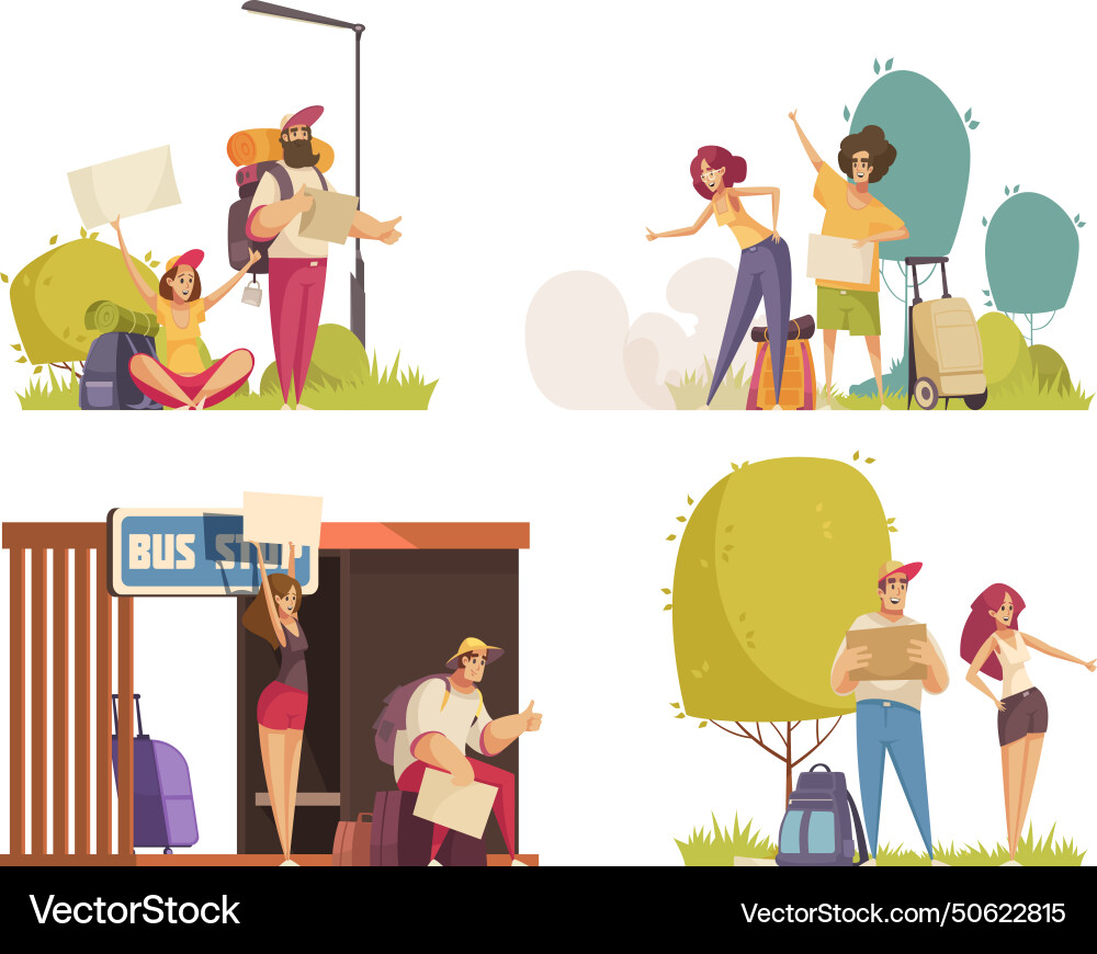 Hitchhiking cartoon compositions Royalty Free Vector Image