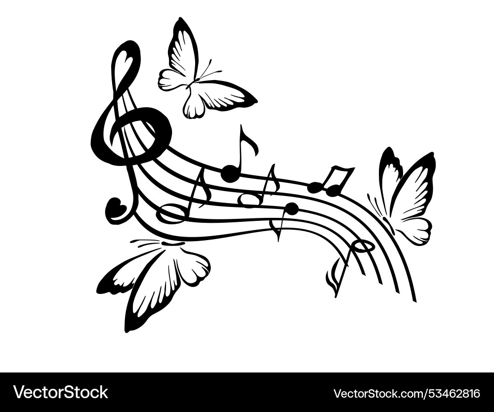 Music notes on wavy lines with butterflies Vector Image