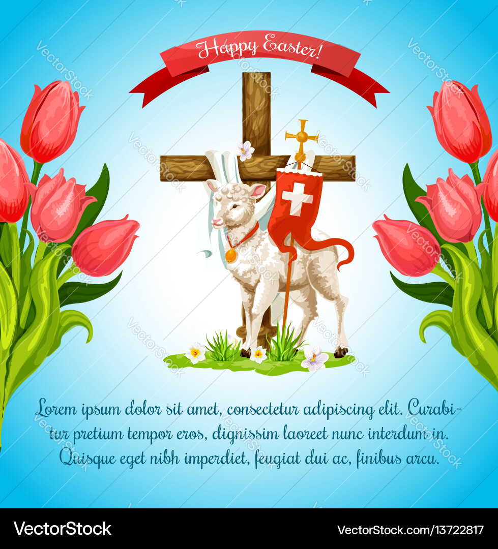 Easter cross with lamb and flower poster template Vector Image
