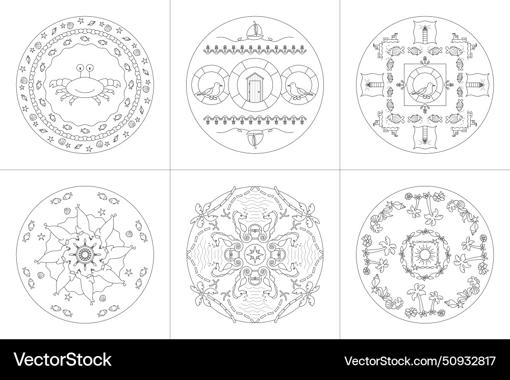 Mandalas sea theme coloring pages set no 4 Vector Image