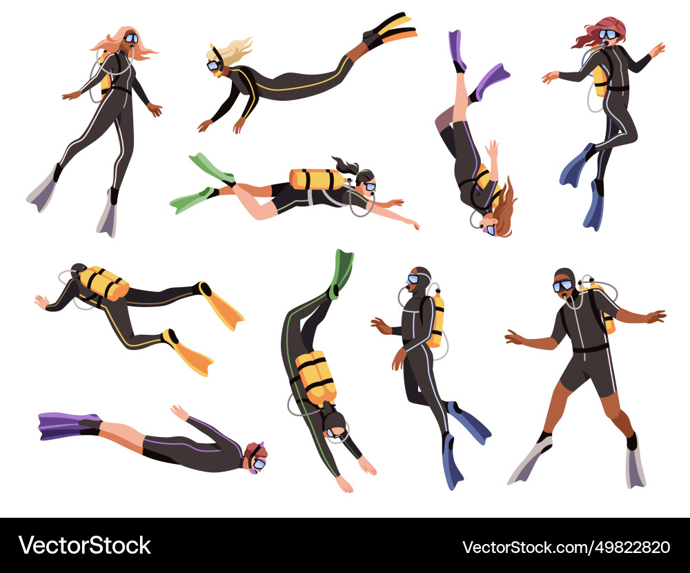 Cartoon flat divers people with diving equipment Vector Image