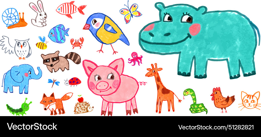 Animals set of child drawings Royalty Free Vector Image
