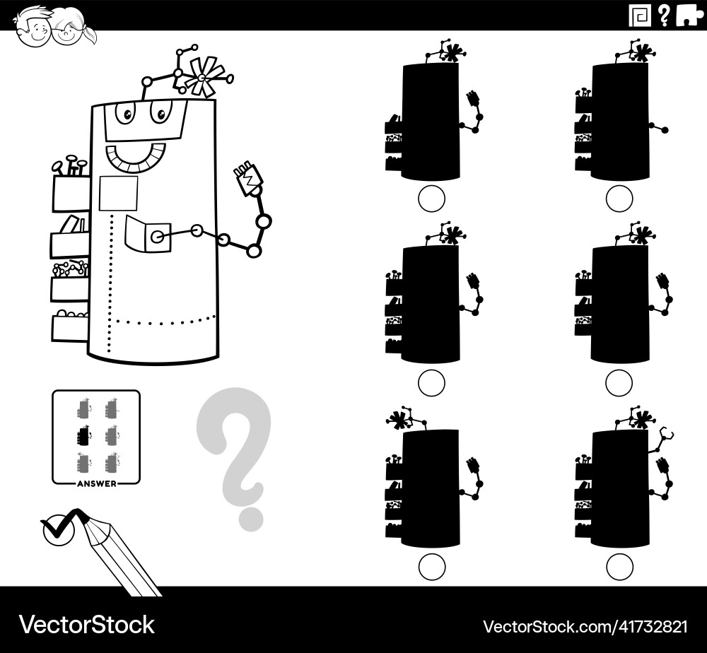 Shadows game with cartoon robot coloring book page