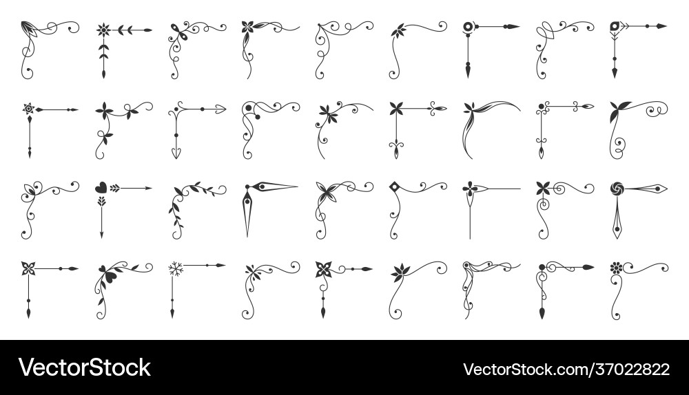 Retro corner frame floral line accent element set Vector Image