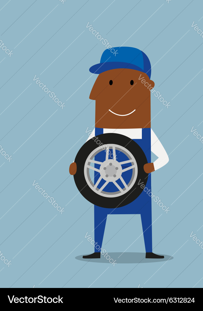 Car mechanic in blue uniform with wheel Royalty Free Vector