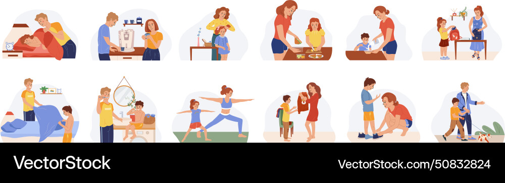 Family morning routine set Royalty Free Vector Image