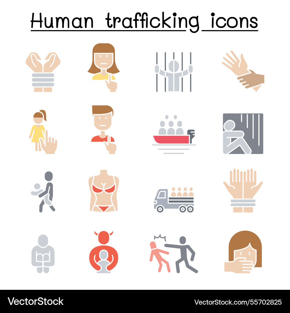 Human trafficking icon set in flat color style Vector Image