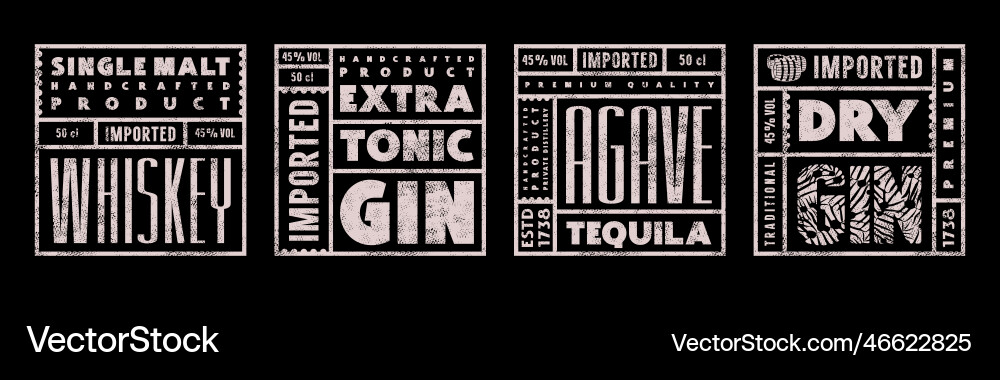 Vintage Square Label Set - Gin, Tequila, Whiskey Vector Image