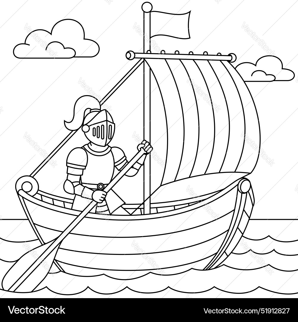 Knight rowing a boat outline coloring page Vector Image