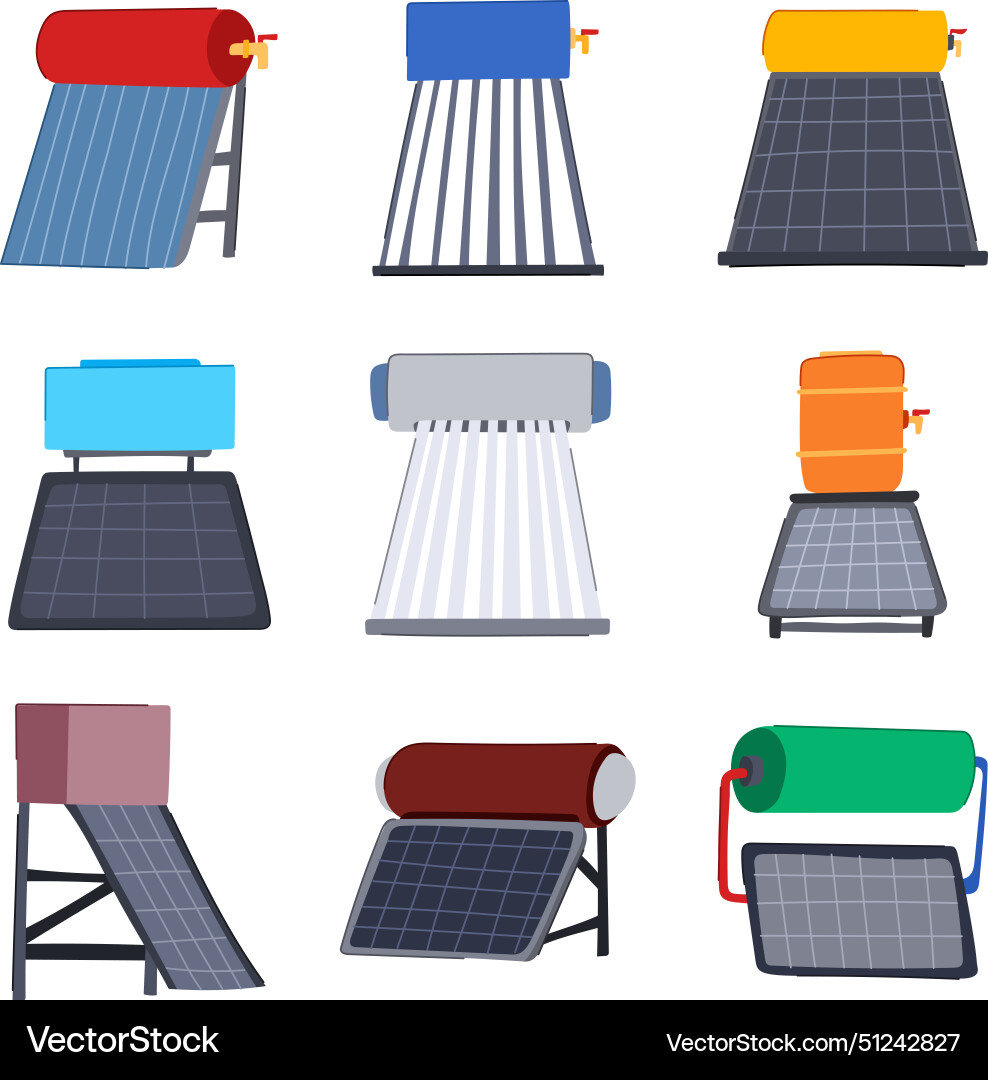 Solar water heater set cartoon Royalty Free Vector Image