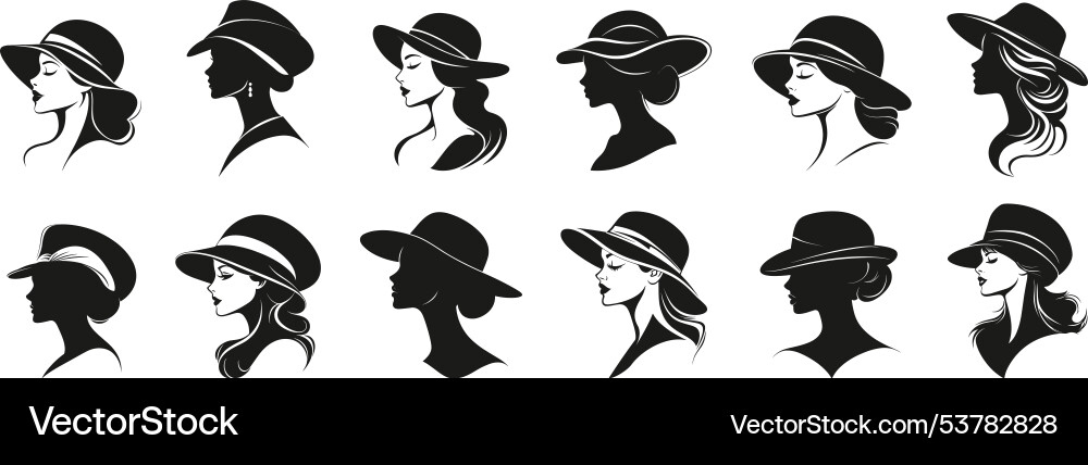 Lady profile silhouette head in a hat set Vector Image