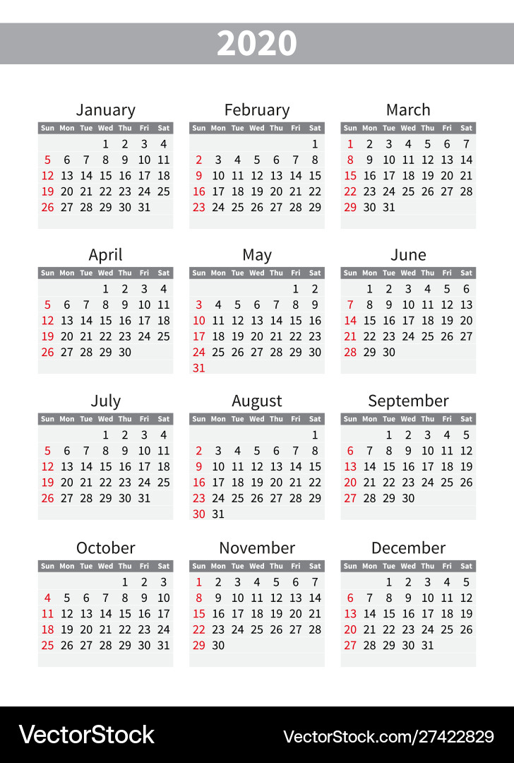 2020 Calendar - Weekly Start Sunday Royalty Free Vector