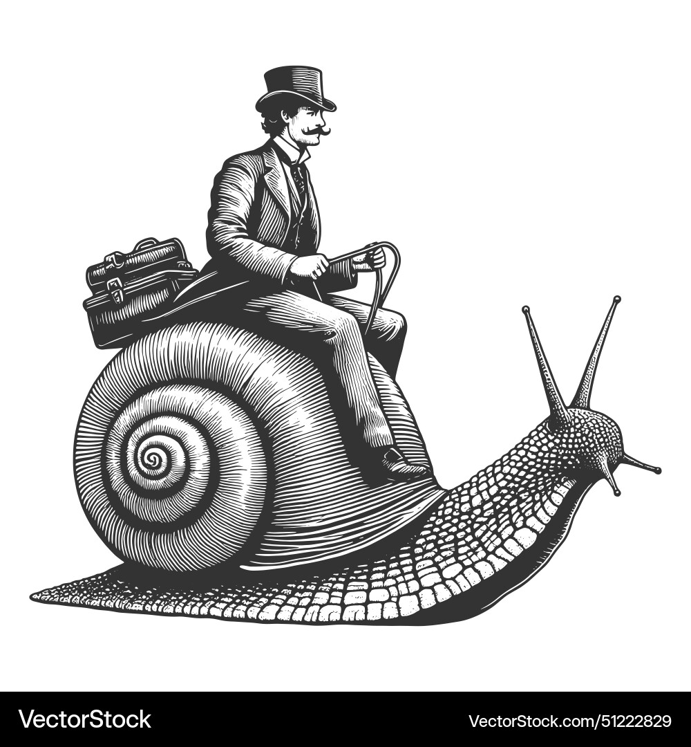 Gentleman riding giant snail sketch Royalty Free Vector