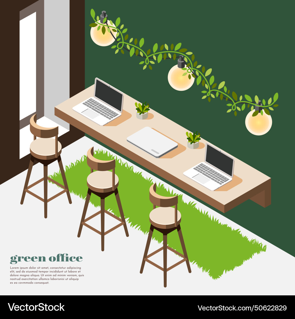 Green office isometric colored background Vector Image