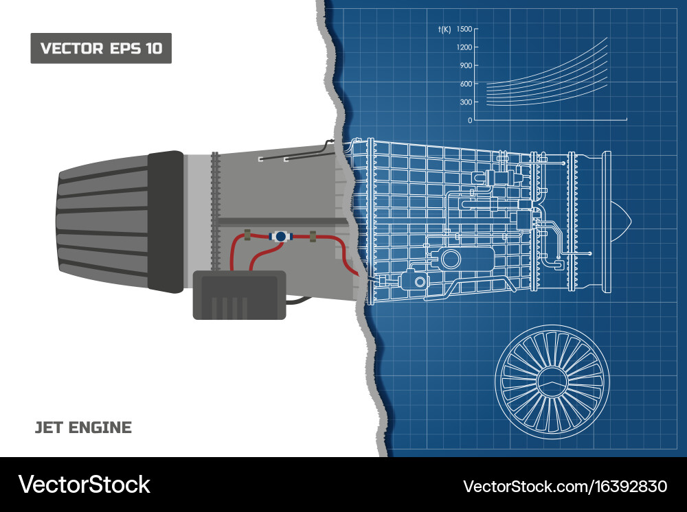 Jet-Engine im Umriss Stil Industrieblauprint Vektorbild