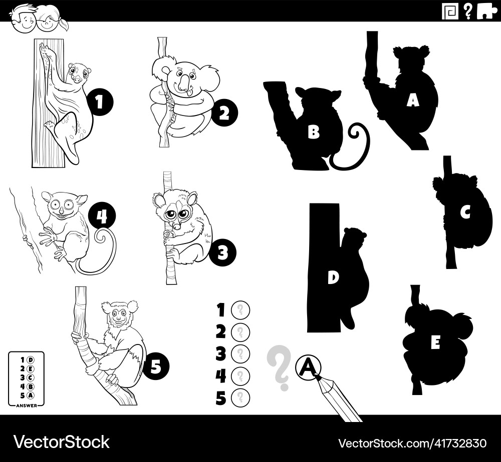 Shadows game with animals coloring book page Vector Image