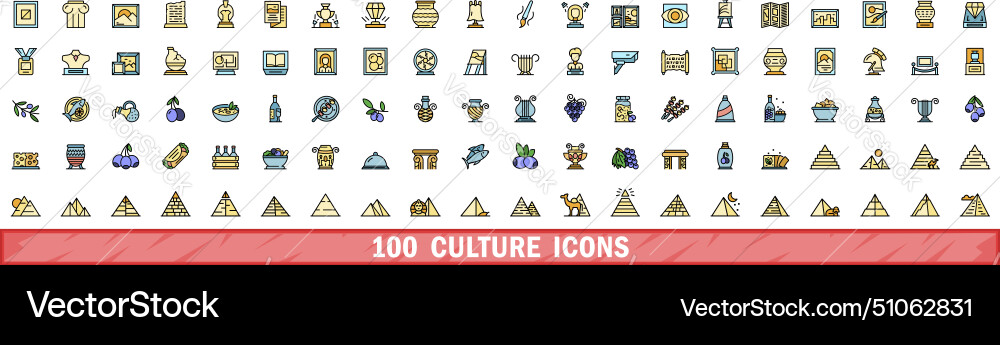 100 culture icons set color line style Royalty Free Vector
