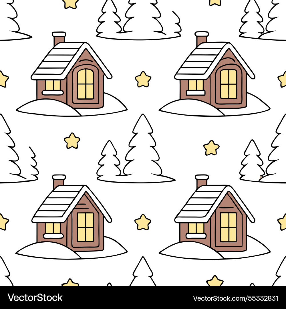 Cozy winter cabin seamless tile pattern with snow Vector Image