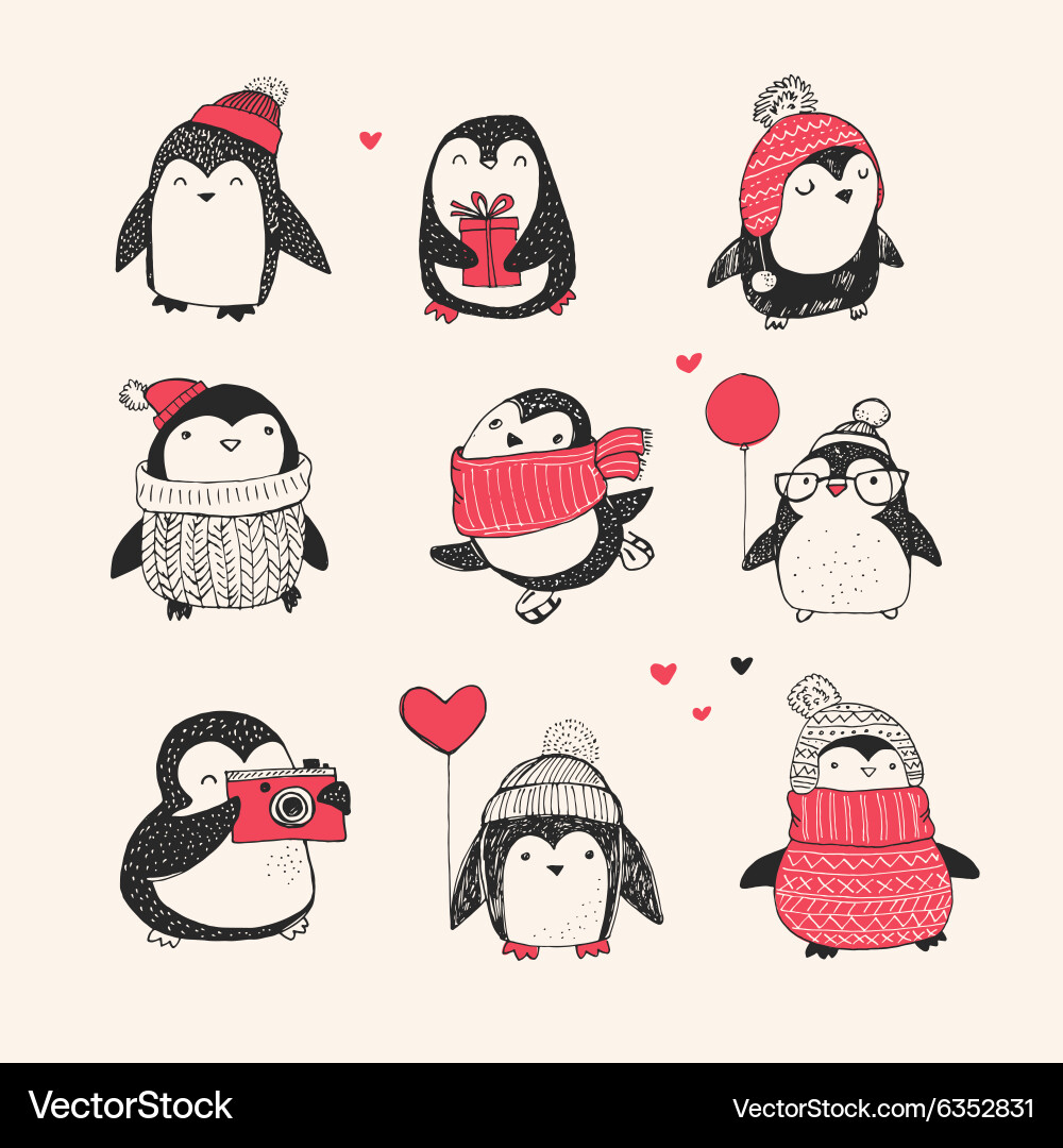 Cute hand drawn penguins set - merry christmas Vector Image