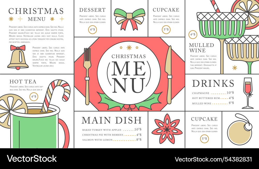 Holiday line art christmas menu design Royalty Free Vector