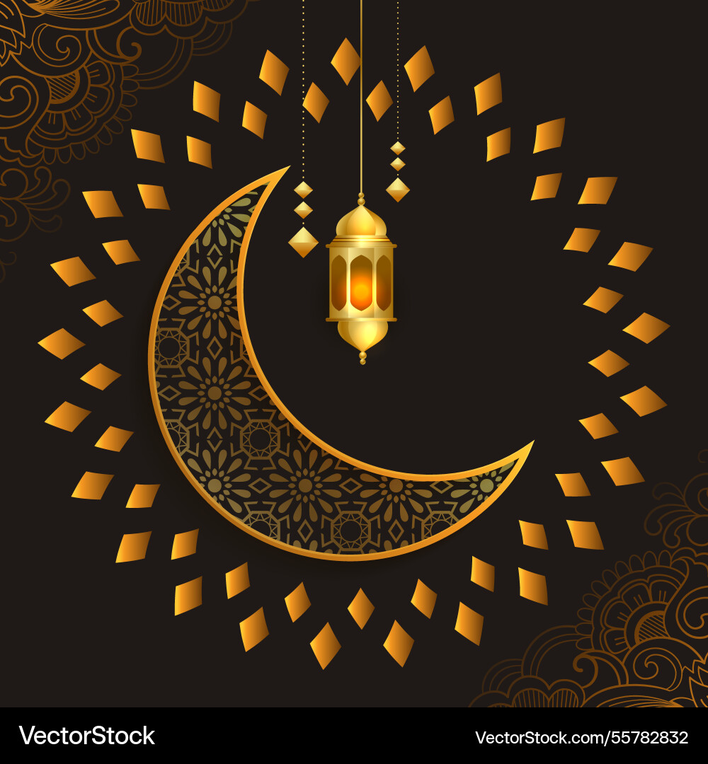 Ethnic moon and lamp eid mubarak dark background Vector Image