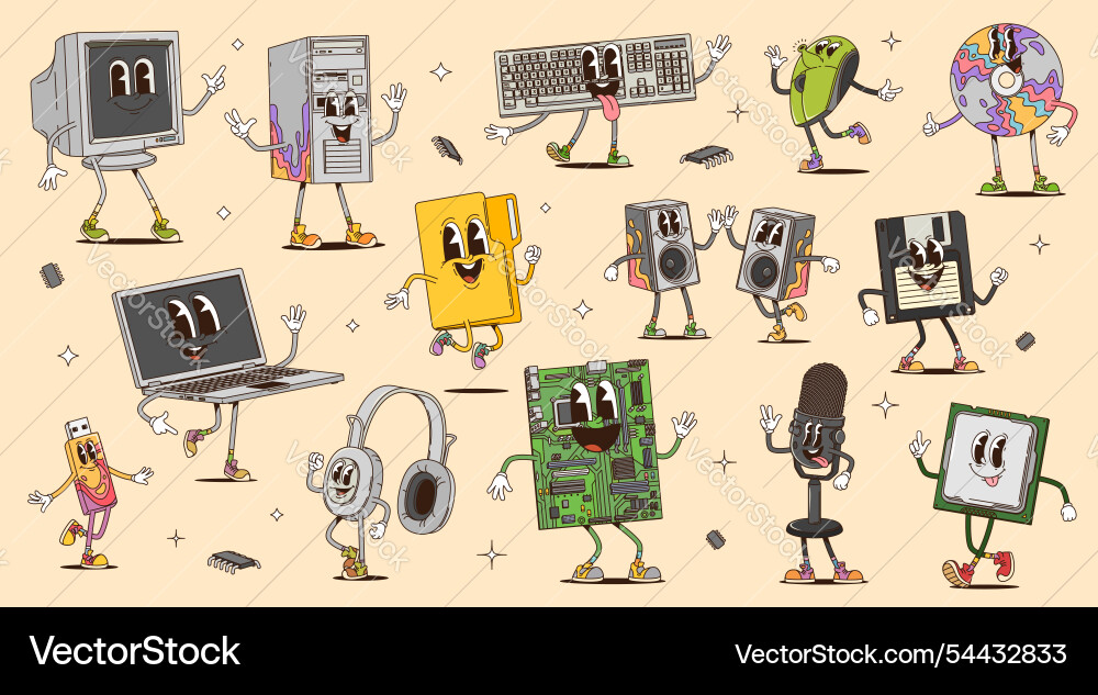 Cartoon groovy computer devices retro characters Vector Image