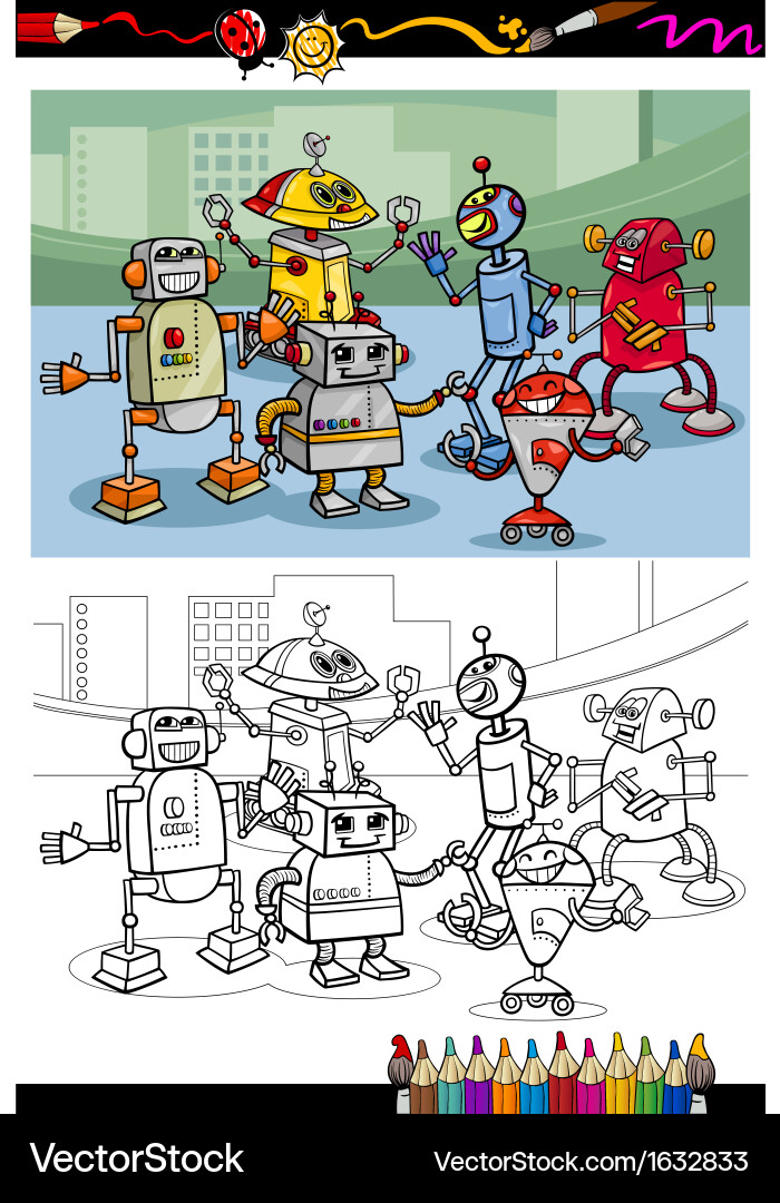 Cartoon robots group coloring page Royalty Free Vector Image