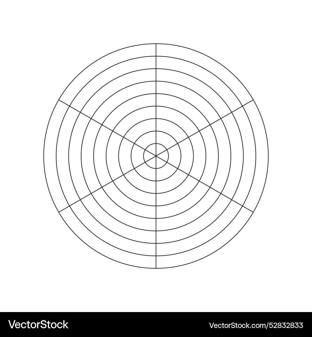 Polar grid of 6 segments and 8 concentric circles Vector Image