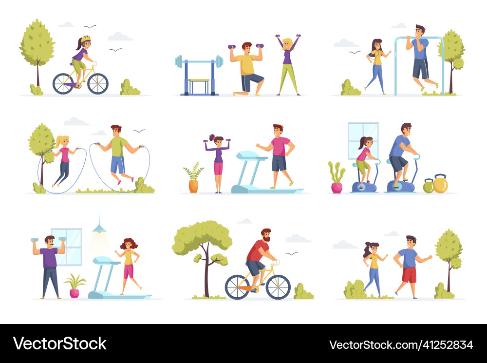 Fitness scenes bundle with people characters Vector Image