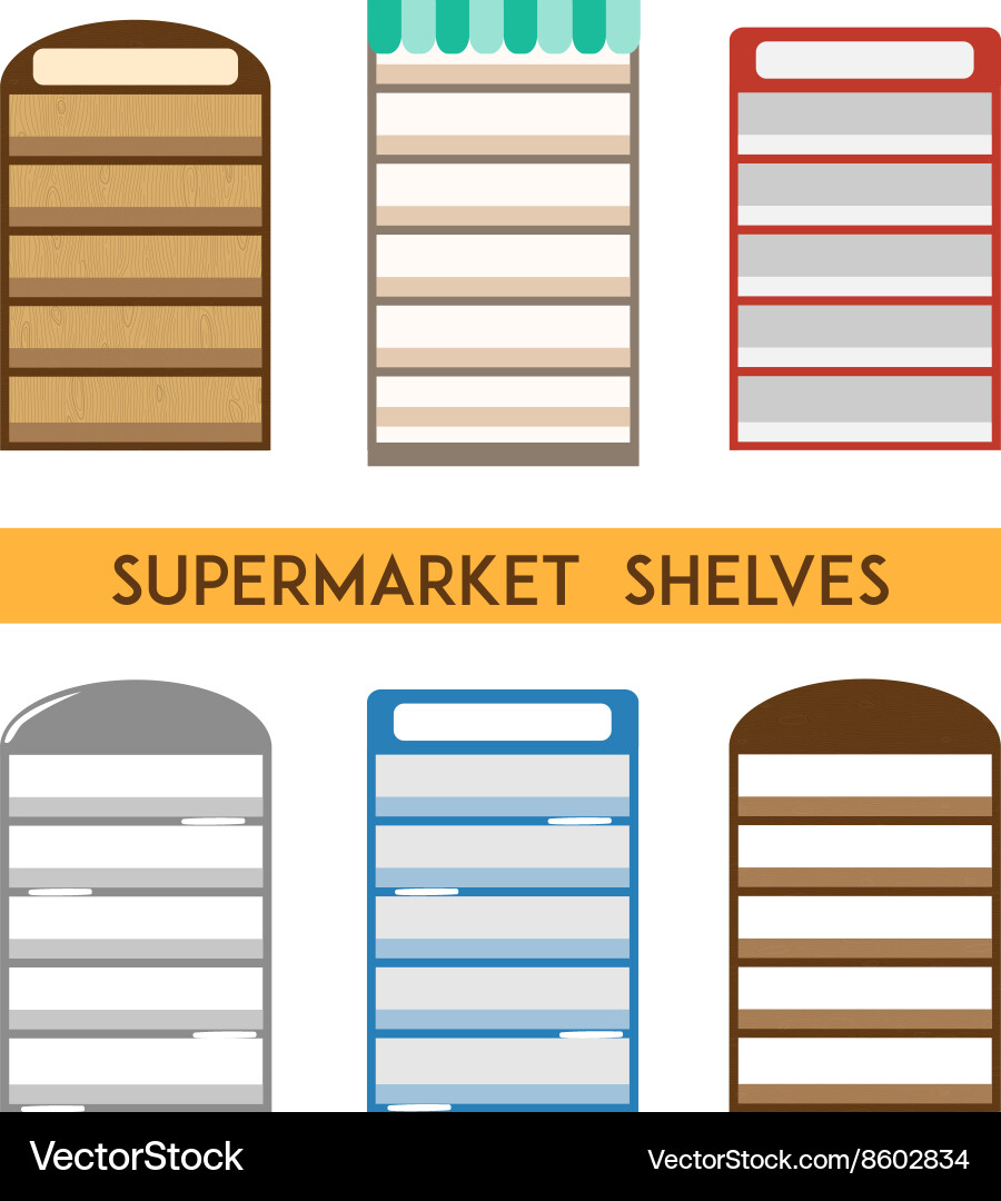 Set supermarket shelves minimal flat Royalty Free Vector
