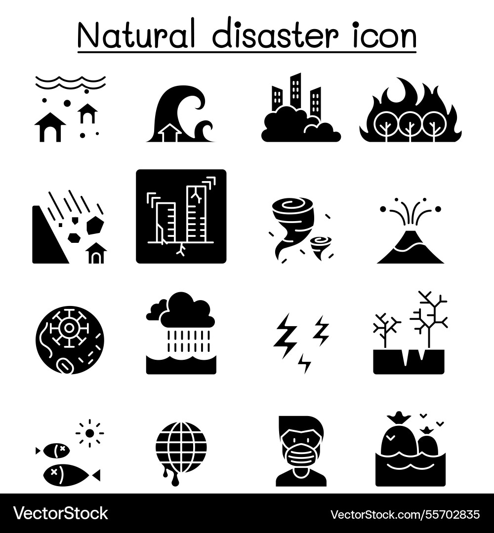Disaster icon set in glyph style Royalty Free Vector Image