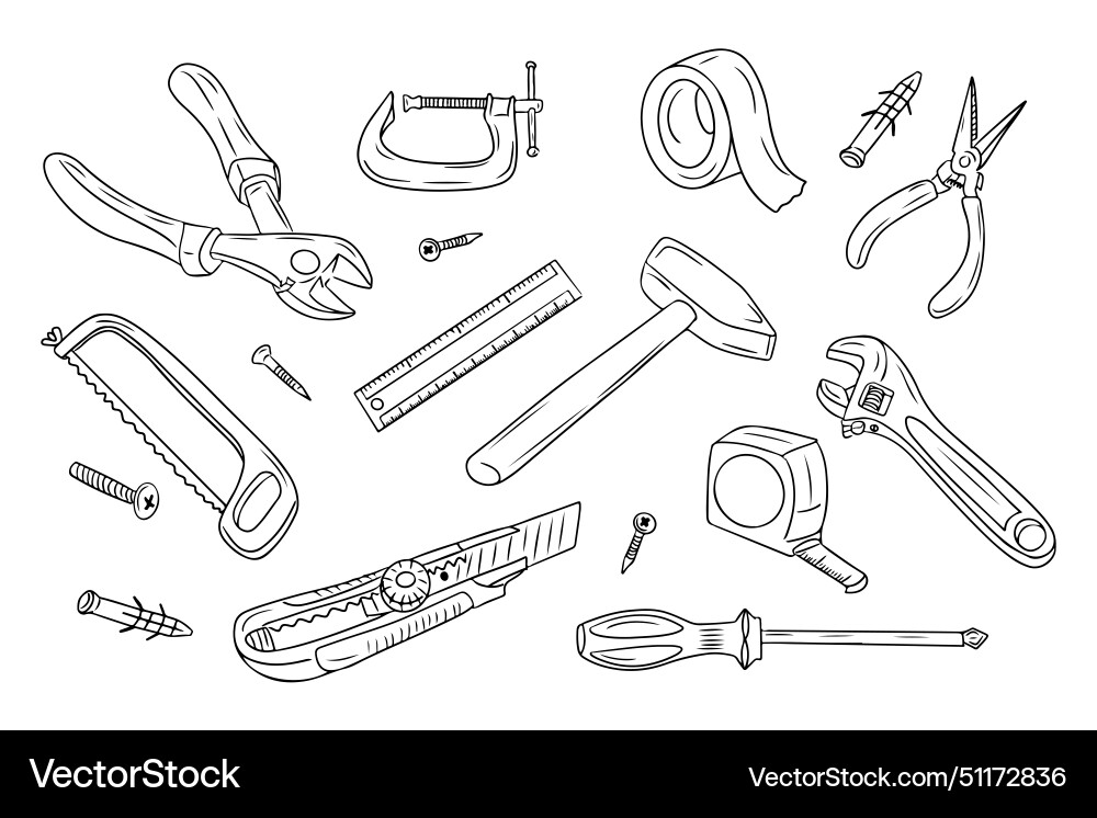 Doodle set of contour drawings tools Royalty Free Vector