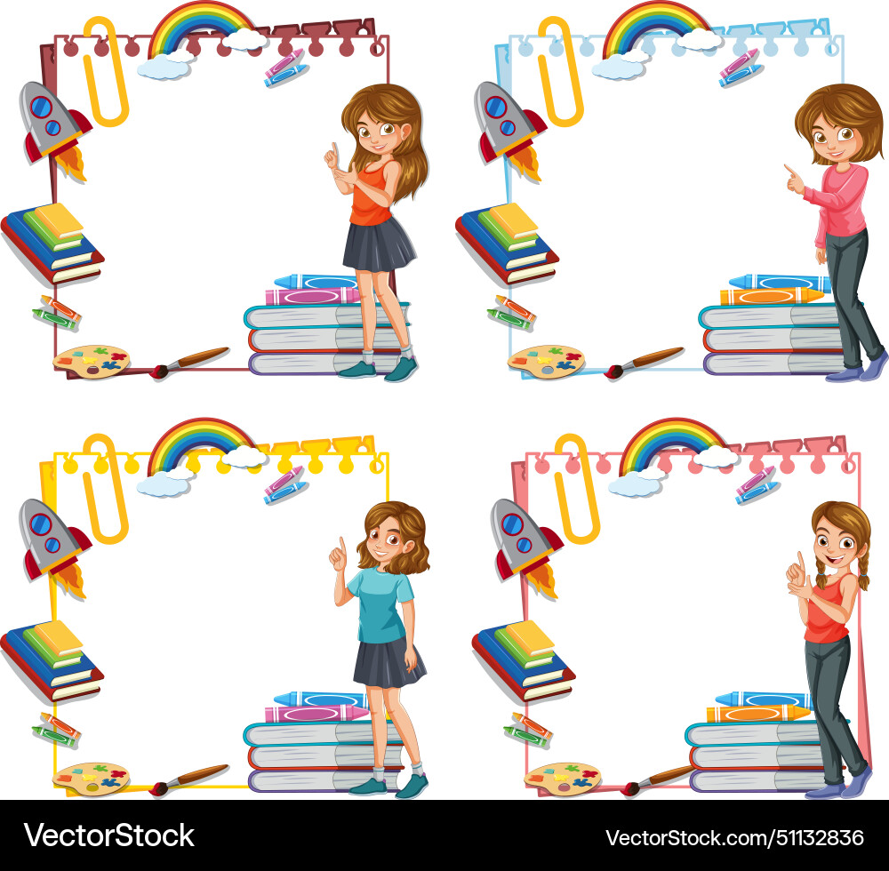 Four frames featuring a cheerful girl with school Vector Image