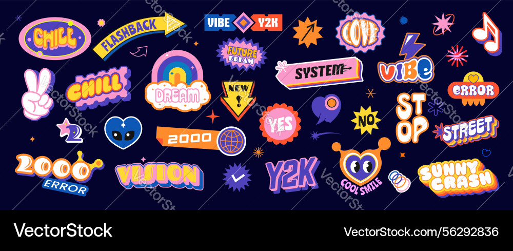 Retro y2k stickers groovy patch icon labels set Vector Image