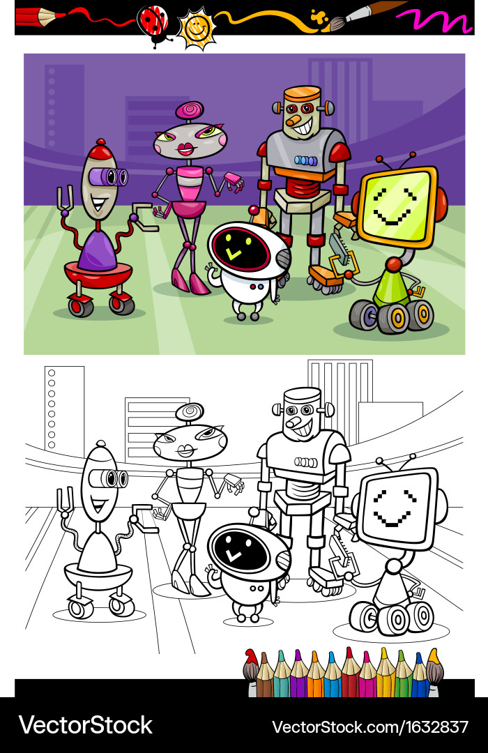 Cartoon robots group coloring book Royalty Free Vector Image